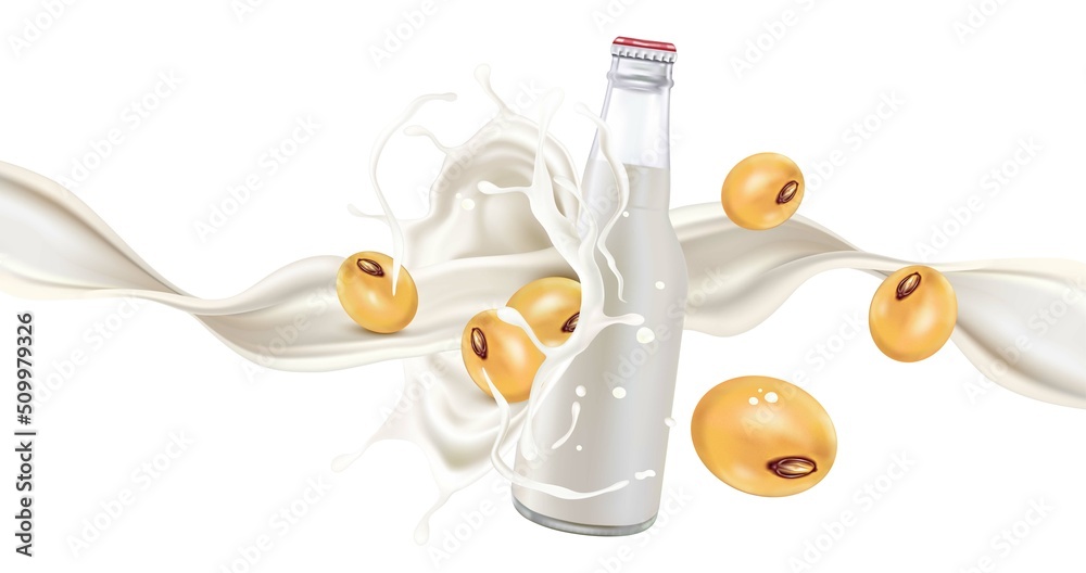 Soy milk with soybeans and milk splashing in 3d illustration. Realistic ...