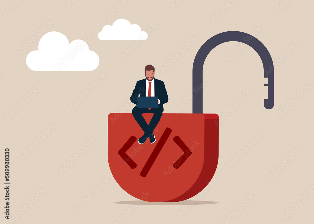 Software Engineer Working On Unlock Lock With Coding Symbol Open Source Programming Digital