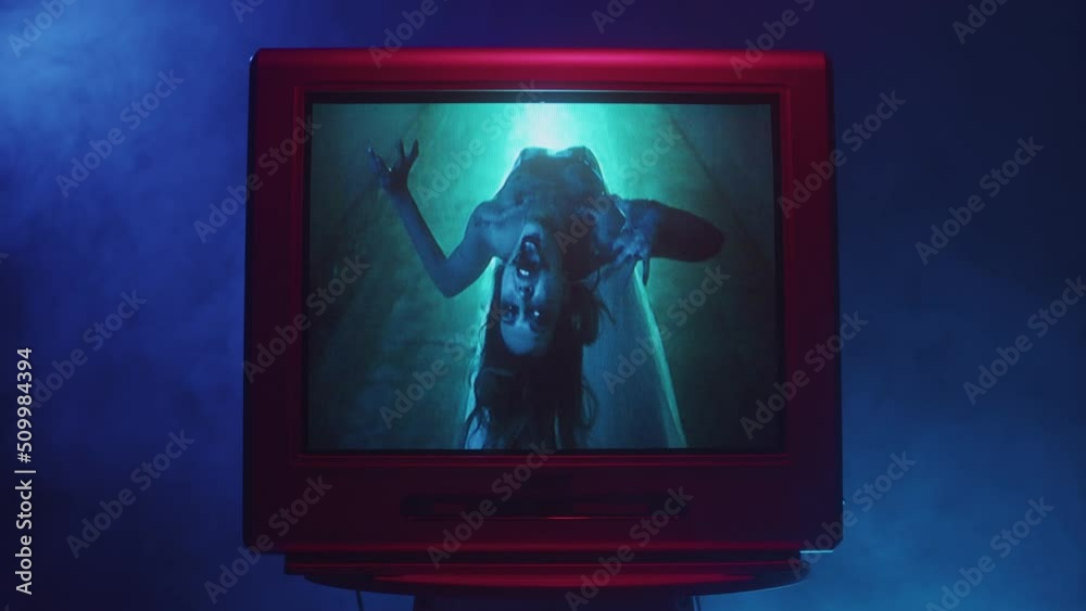 Horror film. Old tv screen with zombie woman close-up. Creepy dead ...