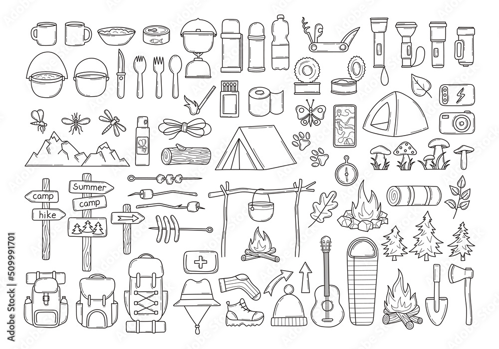 Large set of hiking equipment in doodle hand drawn. Items for summer ...