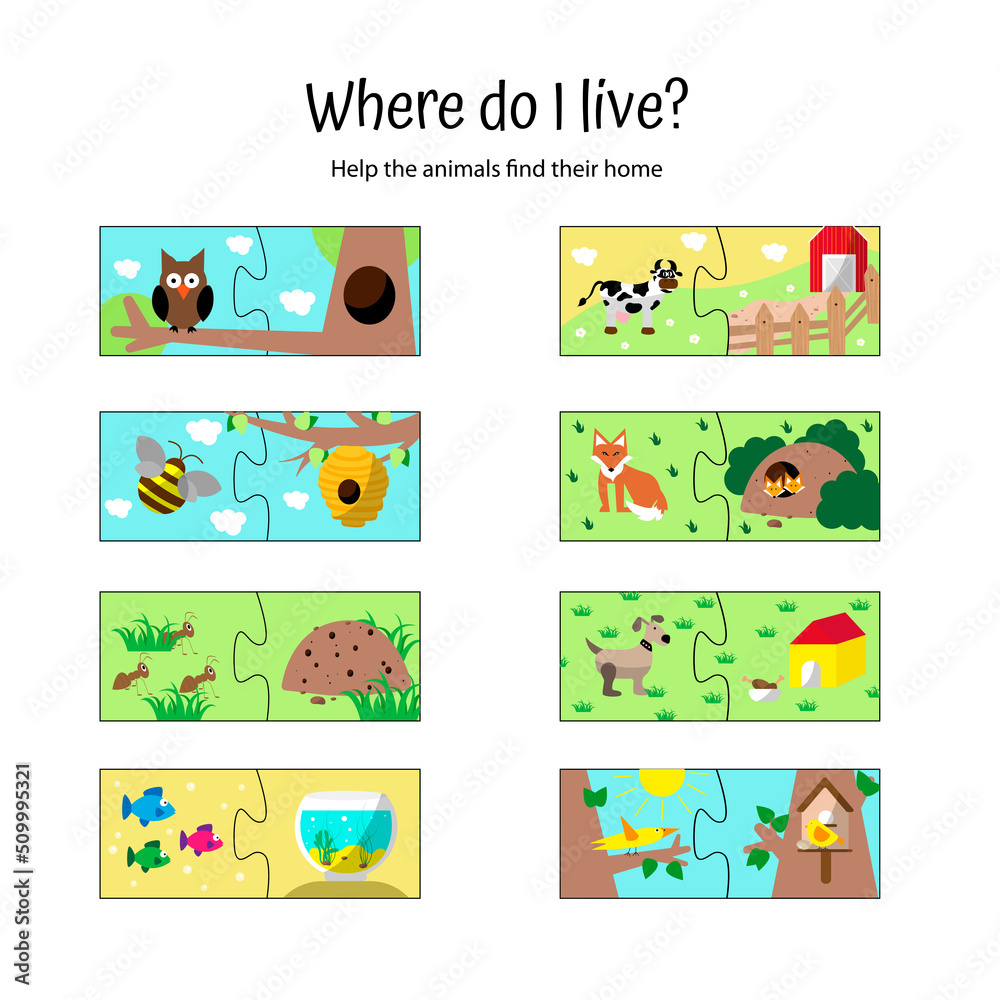 Matching children educational game. Where do animals live. find animal ...