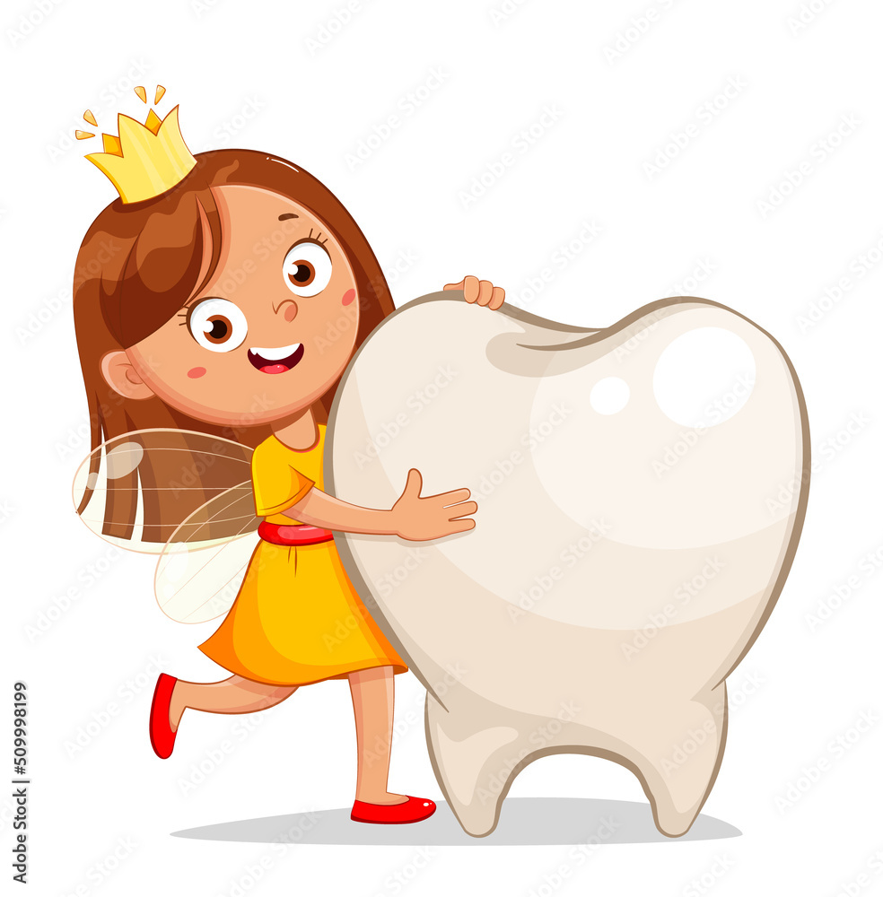 Cute little tooth fairy with crown. Cheerful fairy cartoon character in ...