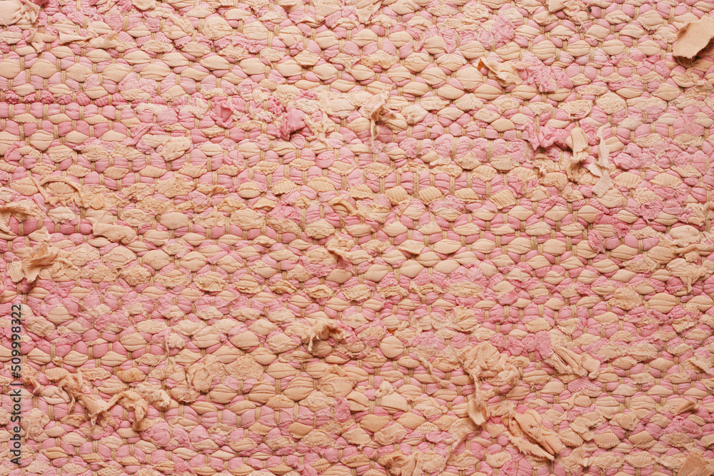 Rag rug close up. Recycled fabric. Pink, white weaved texture ...