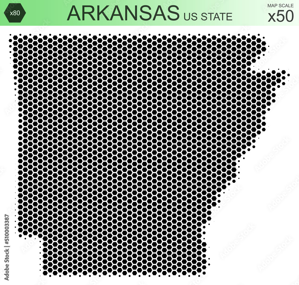 Dotted map of the state of Arkansas in the USA, from hexagons, on a ...