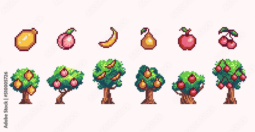 Fruit trees pixel art set. Orchard collection. Banana, apple, cherry ... Fruit trees pixel art set. Orchard collection. Banana, apple, cherry ...