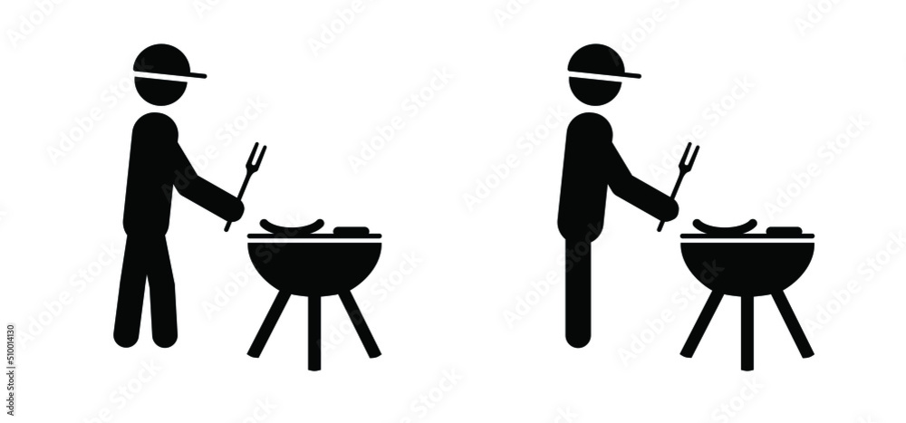 Stickman, stick figure man with bbq and sausage, bratwurst and burgers ...