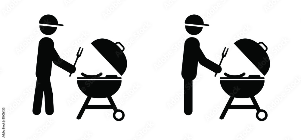 Stickman, stick figure man with bbq and sausage, bratwurst and burgers ...