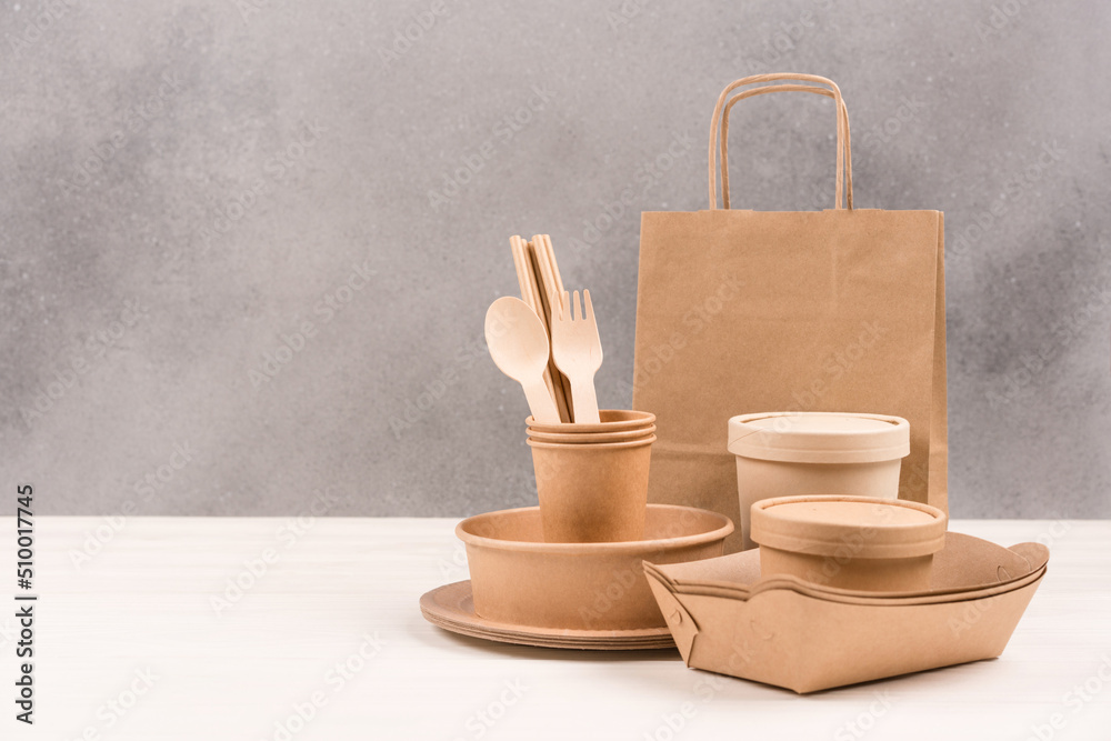 Paper utensils - paper plates, food containers, bag, cups and wooden ...