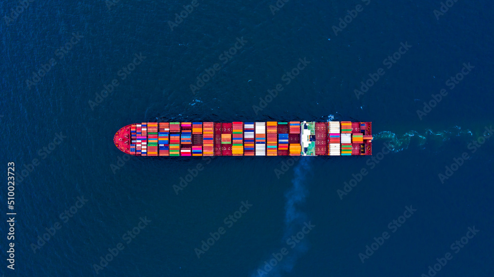 Aerial view container ship at terminal commercial seaport freight ...