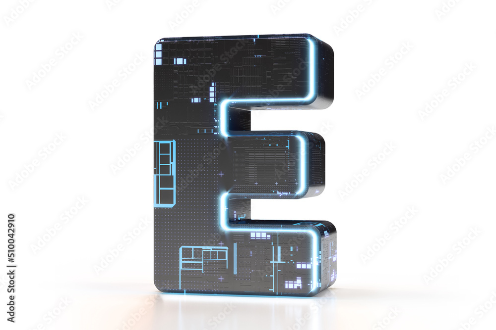 Robotic 3D font typeface letter E. Suitable for technology, electronics ...