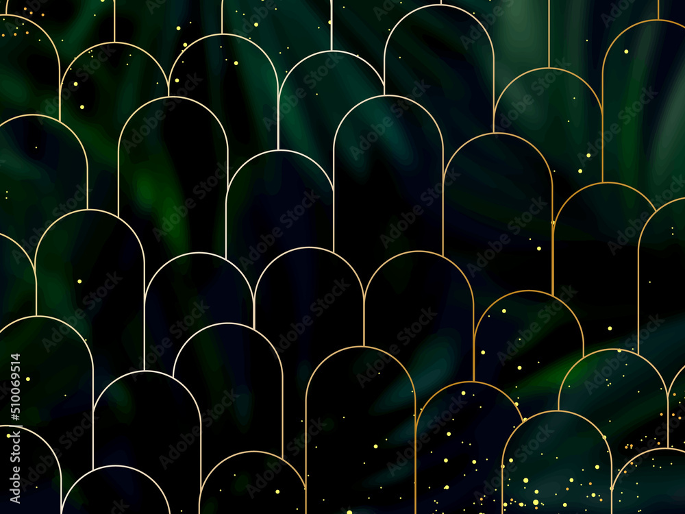 Art deco card. Round curve texture. Emerald tropical forest foliage ...