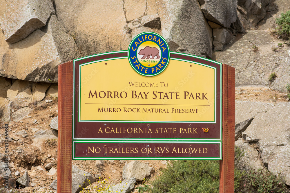 Morro Bay State Park welcome sign. Morro Rock Natural Preserve - Morro Bay, California, USA ...