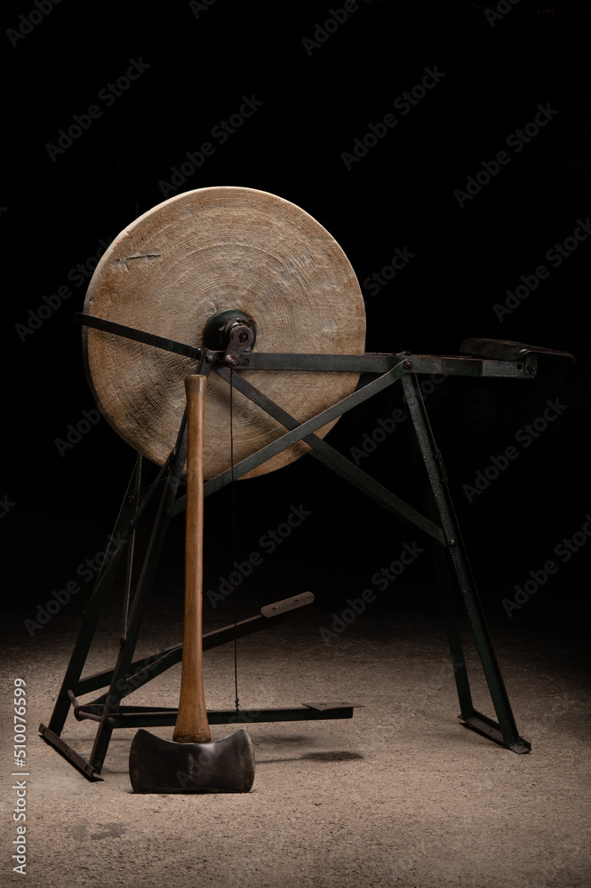 Vintage antique sharpening wheel, wet stone honing wheel with foot ...