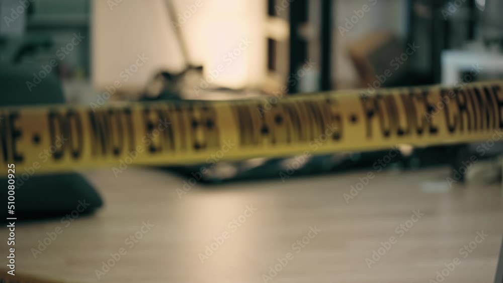 Dead victim in body bag lying on floor, trashed crime scene with ...