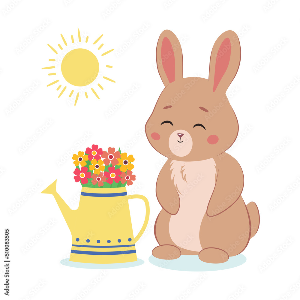 Cute rabbit with flowers. Fluffy bunny cartoon.Vector illustration ...
