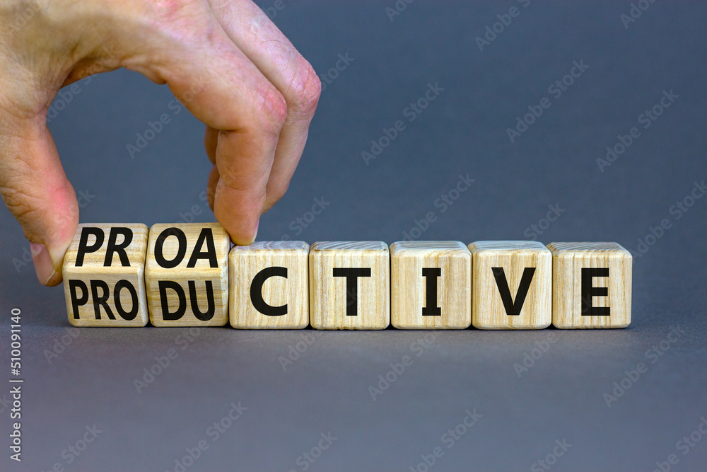 Proactive and productive symbol. Businessman turns cubes and changes ...