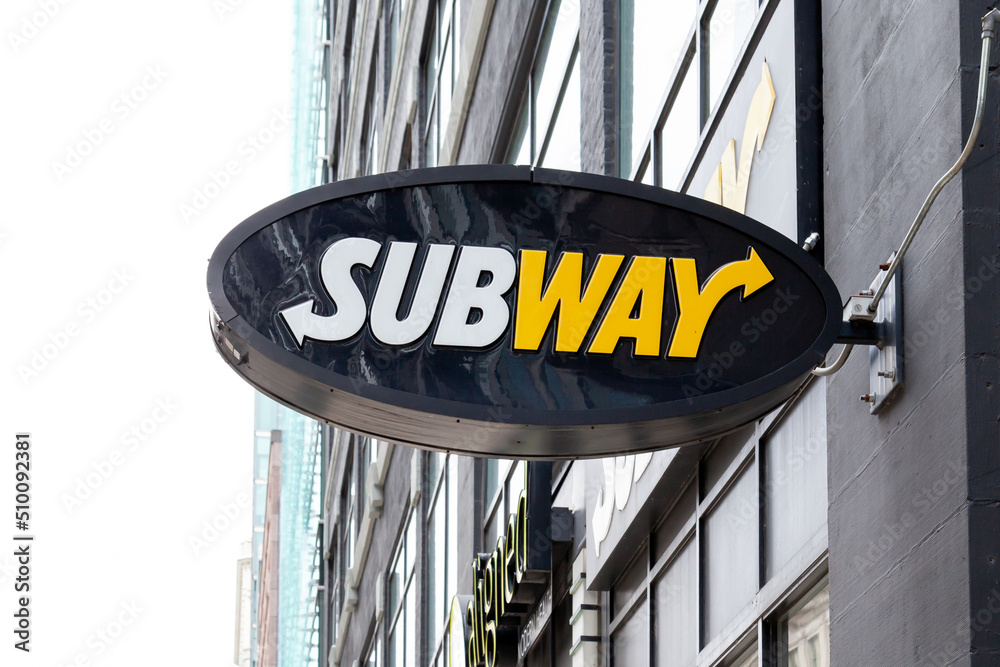 Lansing, Michigan, USA - March 29, 2022: A Subway restaurant projecting ...