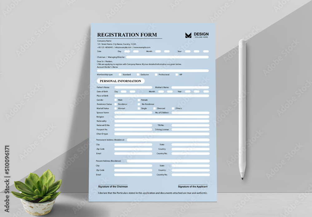 Registration Form Layout with Blue Accents สต็อกเทมเพลต | Adobe Stock