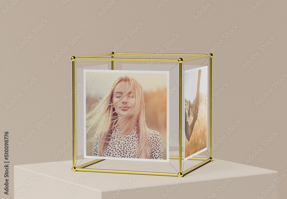 Metallic Photo Cube Frame on a Podium Mockup Stock Template | Adobe Stock