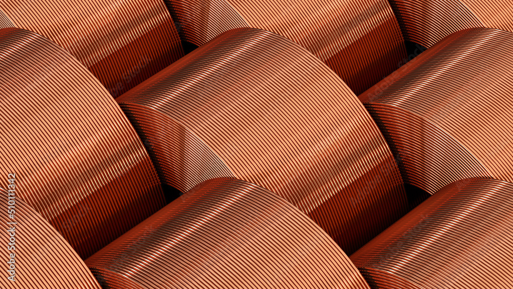 Copper coils in storage. Pattern from a rolled metal product in a ...