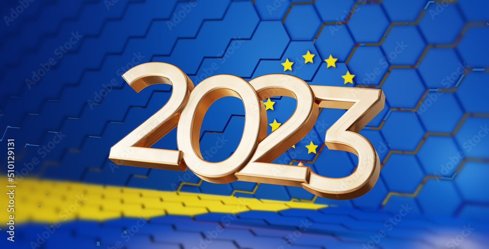 golden 2023 bold letters symbol and hexagonal background design with ...