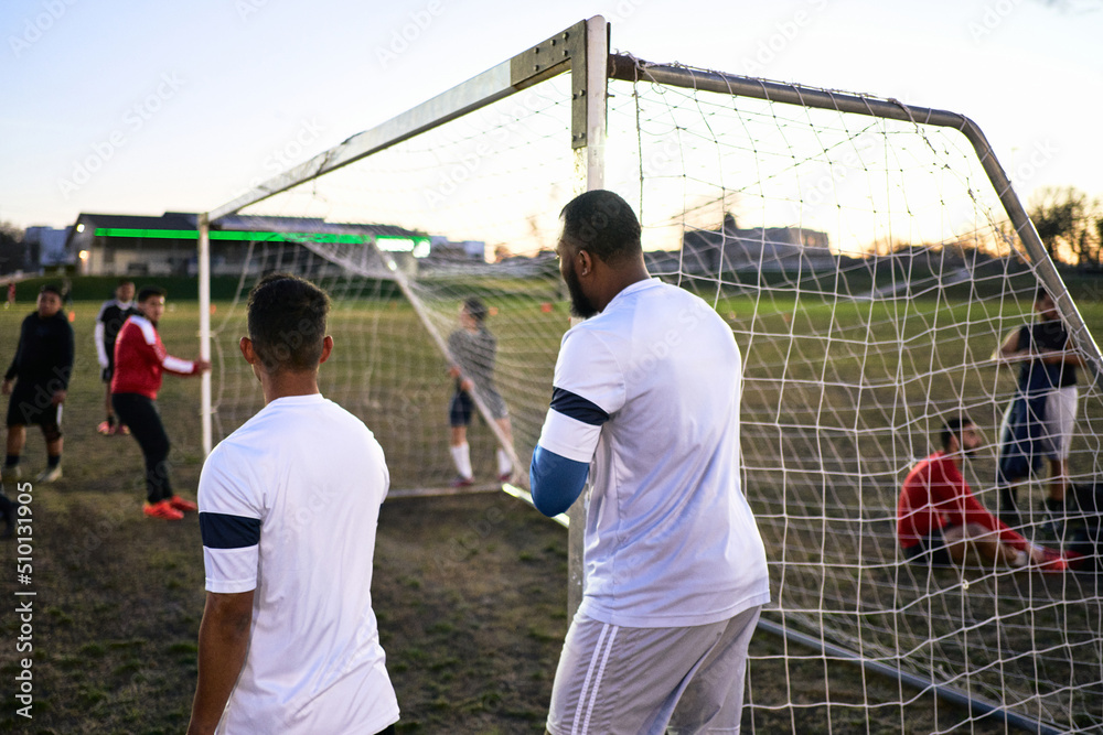 Preparing soccer field moving goal Stock Photo | Adobe Stock