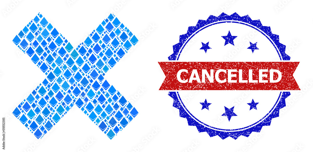 Blue gemstone collage x-cross icon, and bicolor scratched Cancelled ...