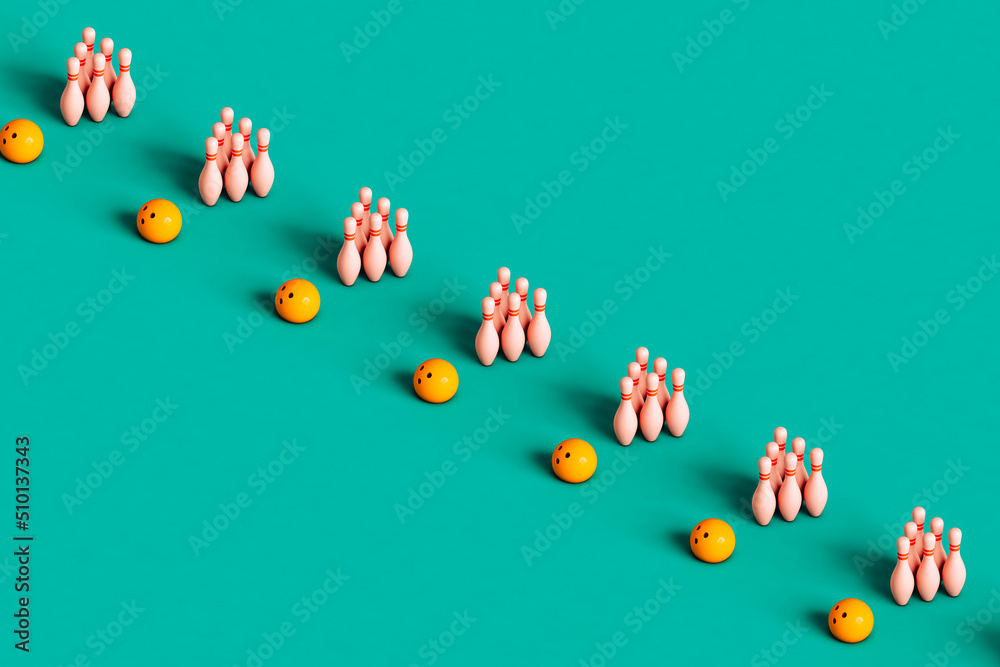 Bowling pins and balls in rows crossing the frame Stock Photo | Adobe Stock