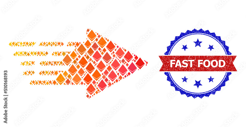 Vector crystal mosaic rush arrow icon, and bicolor scratched Fast Food ...