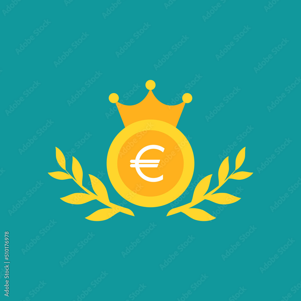 Gold euro coin with royal crown and laurel wreath. Economy, finance ...