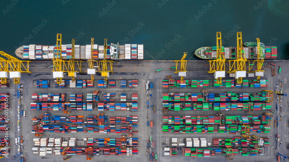 Aerial top view container ship at terminal commercial seaport freight ...