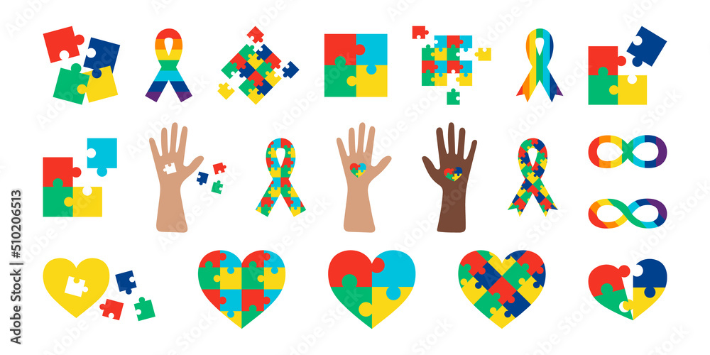 Autistic Pride Day set colorful icons. World Autism Month, signs and ...