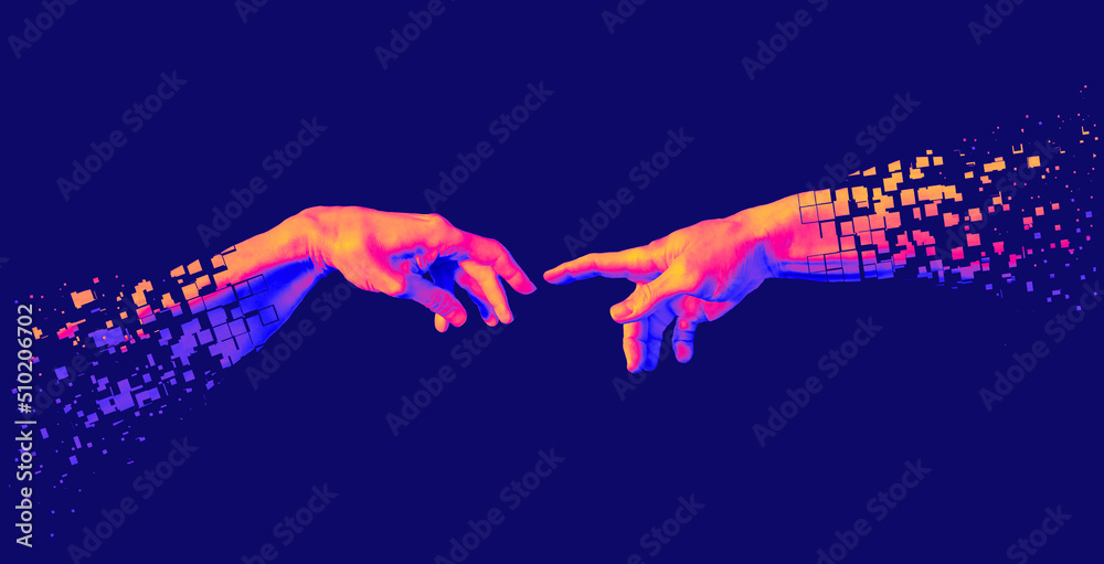 Disintegrating reaching hands concept illustration in vaporwave style ...