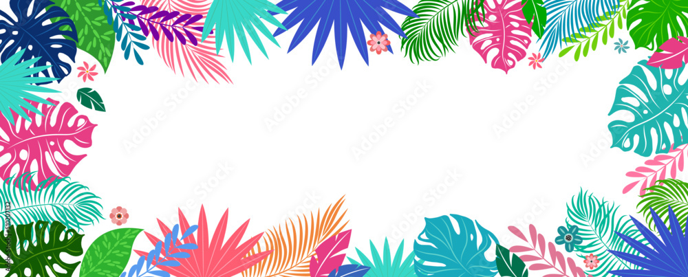 Summer background with colorful tropical plants on white background ...