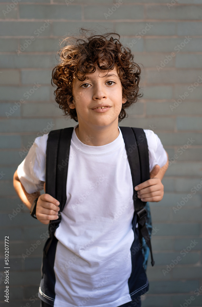 Portrait of a 10 year old schoolboy with backpack on the background of ...