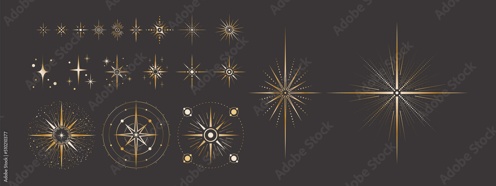 Vector celestial element set. Collection of big and small elegant ornate shiny golden stars with ...
