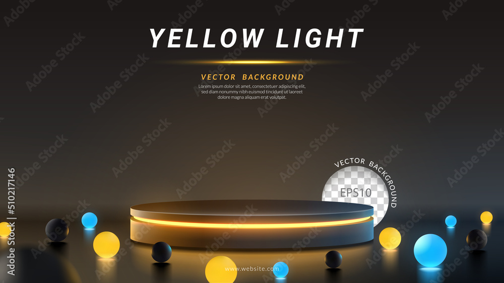 Cylinder Stage with yellow neon light, glow ball on a black background ...