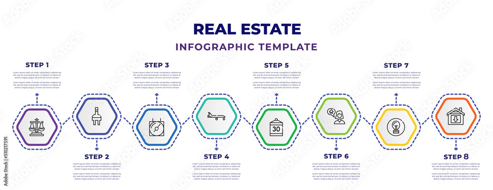 real estate infographic design template with law scales, rounded plug ...