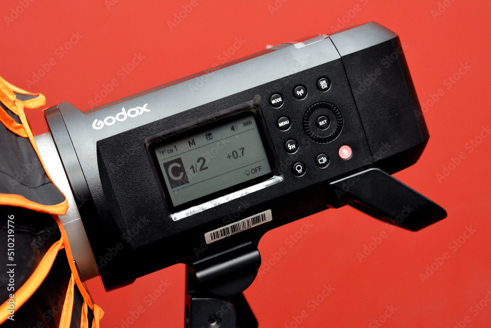 Cairo, Egypt, June 11 2022: A portable Godox AD600 Pro outdoor flash ...