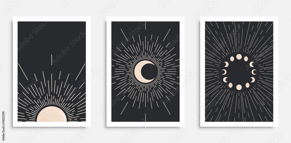 Abstract wall art poster set in mid century modern style with boho sun ...