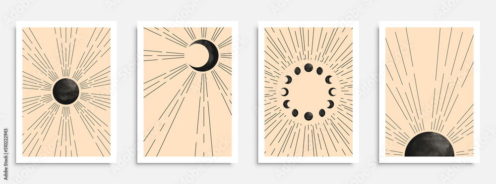 Abstract wall art poster set in mid century modern style with boho sun ...