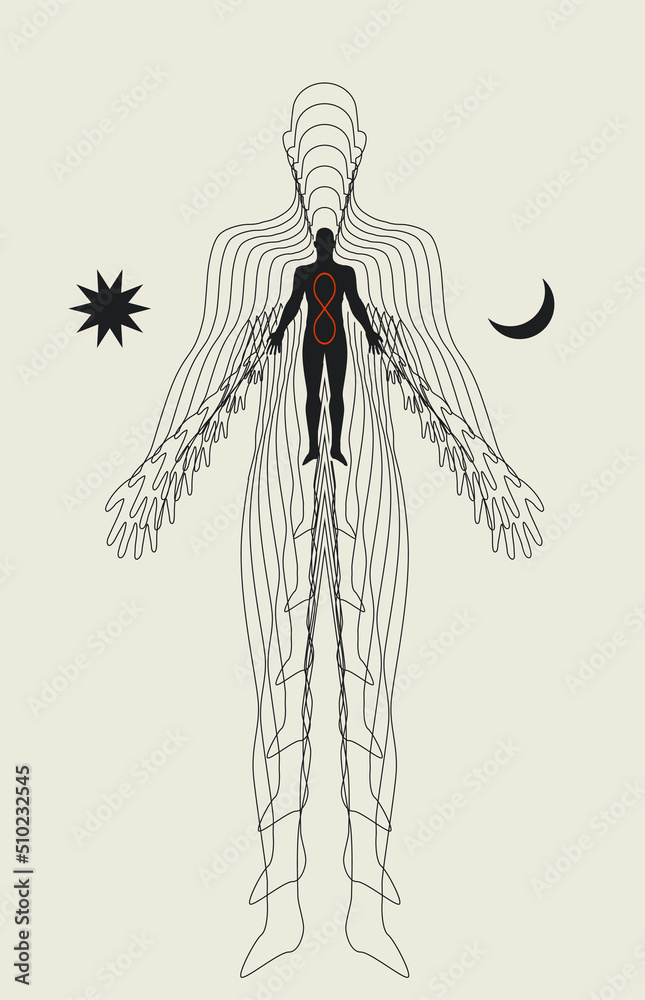 Conceptual esoteric illustration of the human body and soul. Deep ...