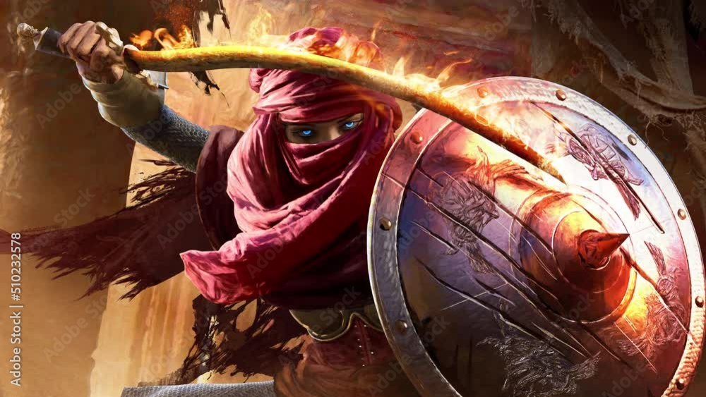 A charming Arab warrior woman with blue eyes, she stands in a fighting ...