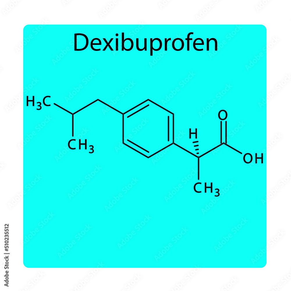 Dexibuprofen molecular structure, flat skeletal chemical formula. NSAID ...