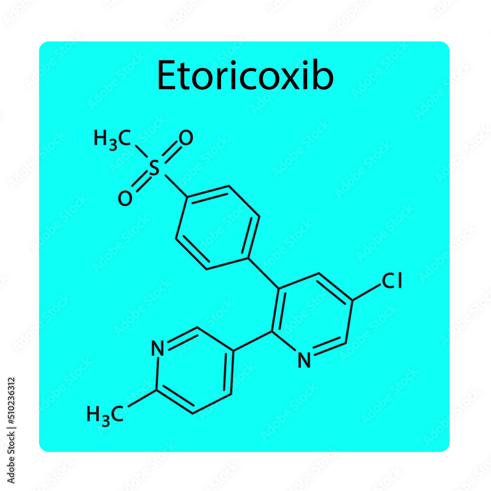 Etoricoxib molecular structure, flat skeletal chemical formula. NSAID ...