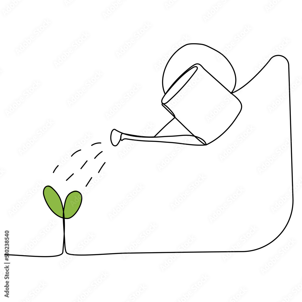 Continuous one line drawing of watering can and a sprout. Concept of ...