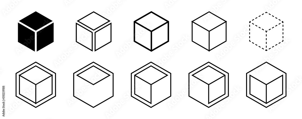 Cube 3d icons. Isometric square boxes design. Line cubic logos. Cubes, blocks outline shapes set ...