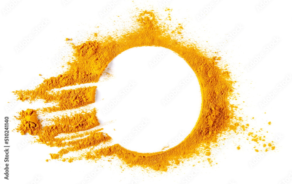 Turmeric (Curcuma) powder pile, round frame and border isolated on ...