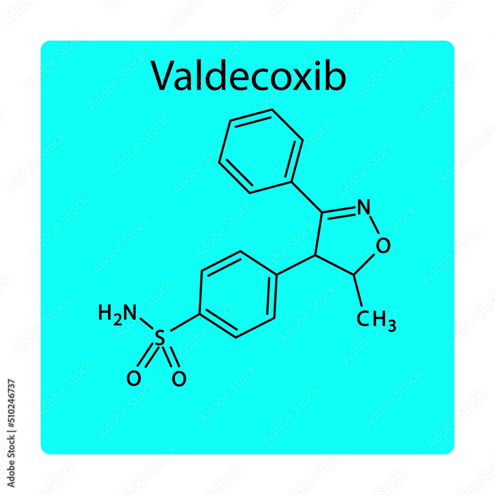 Valdecoxib molecular structure, flat skeletal chemical formula. NSAID drug used to treat ...