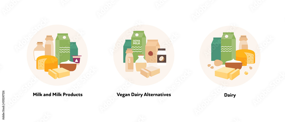 Food illustration collection. Vector flat design of various milk dairy ...